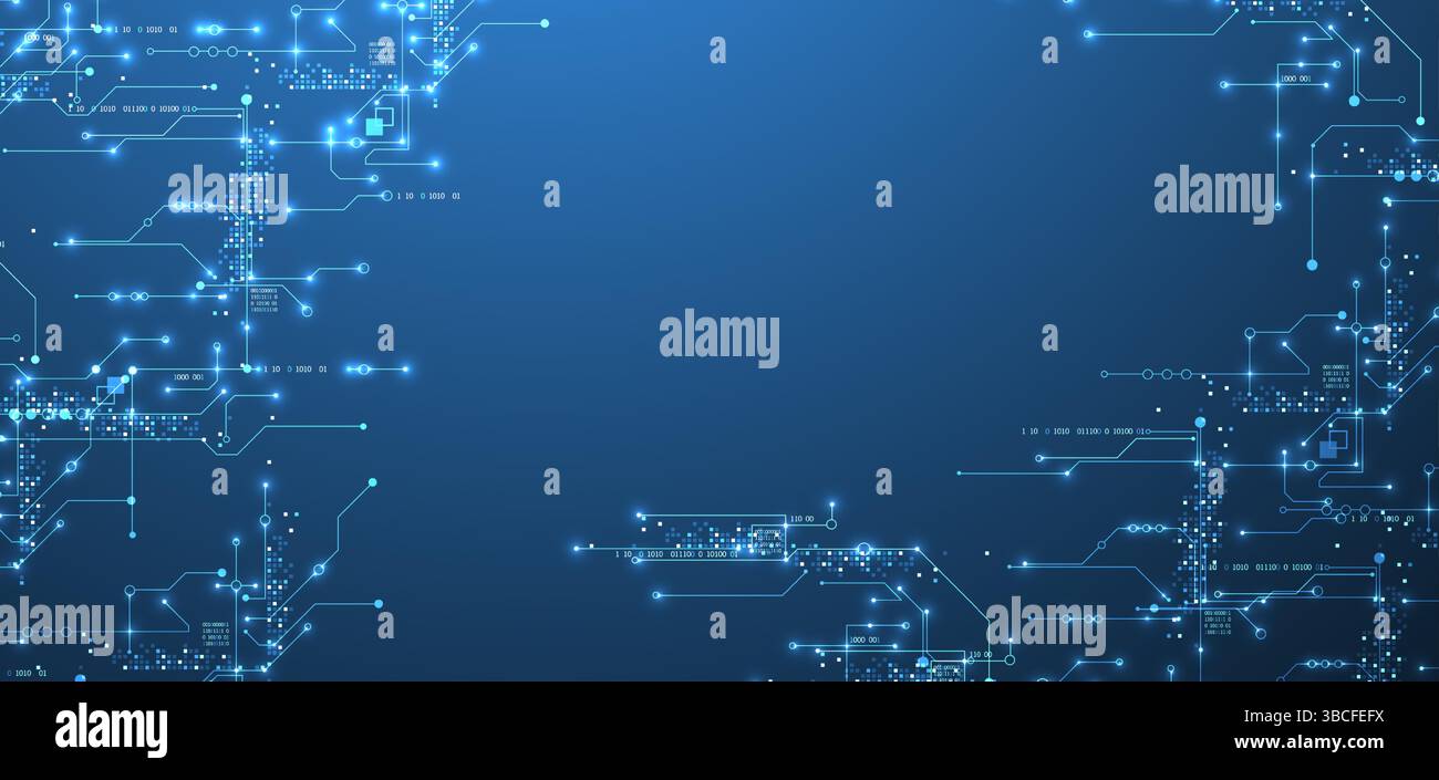 Digital circuit visualization vector background. Blue board pattern with interconnected lines ...