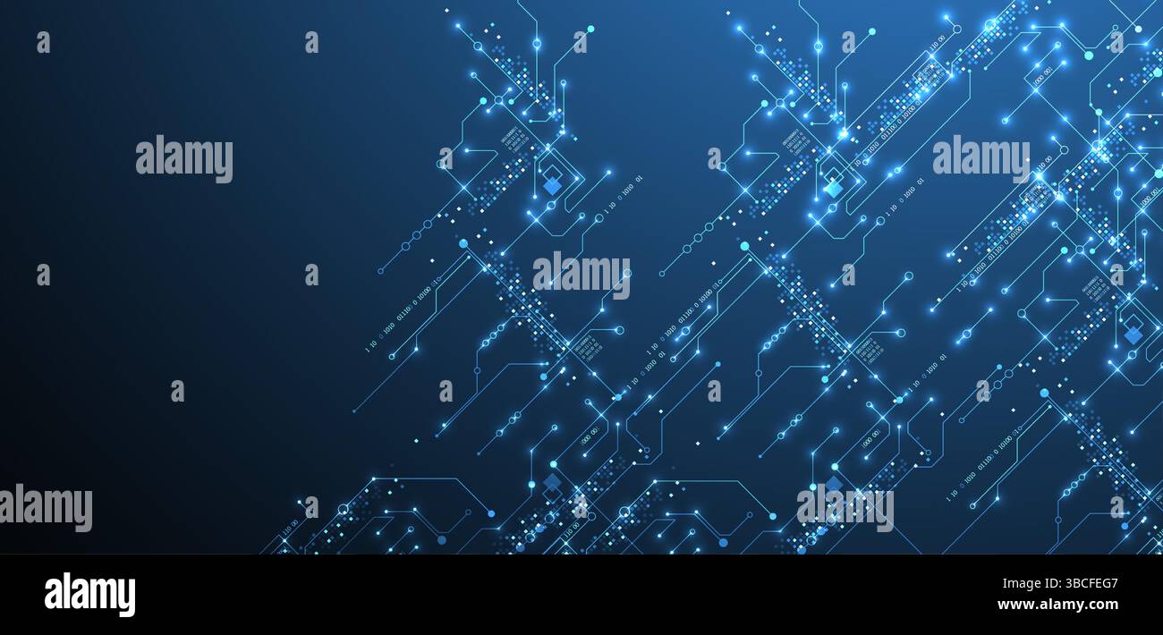 Digital circuit visualization vector background. Blue board pattern with interconnected lines ...