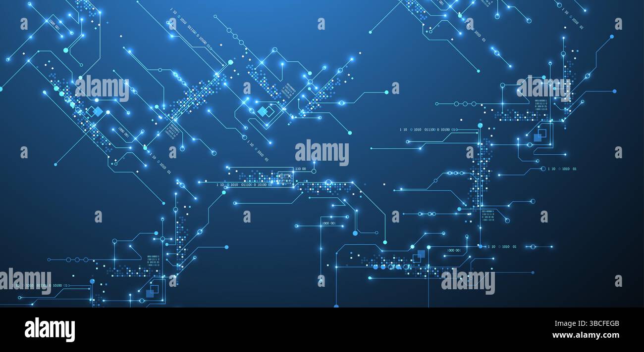 Digital circuit visualization vector background. Blue board pattern with interconnected lines ...