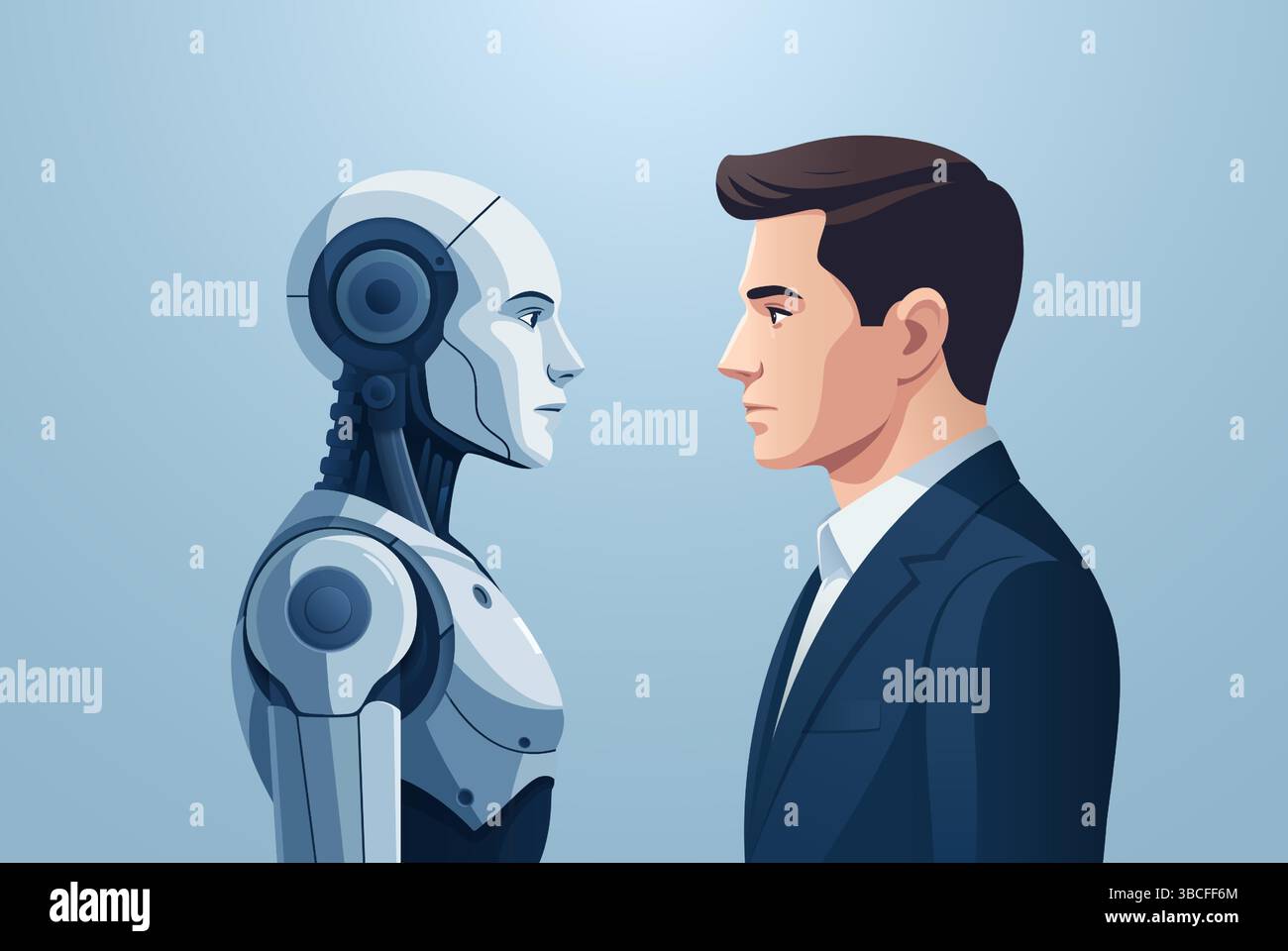 Machine vs. man. Robot with AI and Homo sapiens face to face. Vector ...