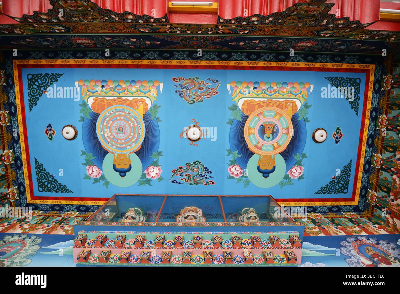 The colorful ceiling above the entrance hall of the temple at the ...