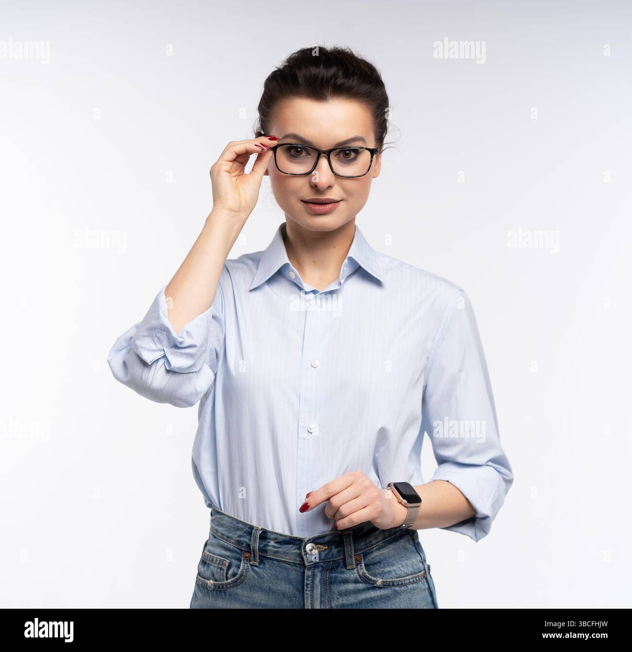 Photo of pretty businesswoman wearing eyeglasses standing in the office ...