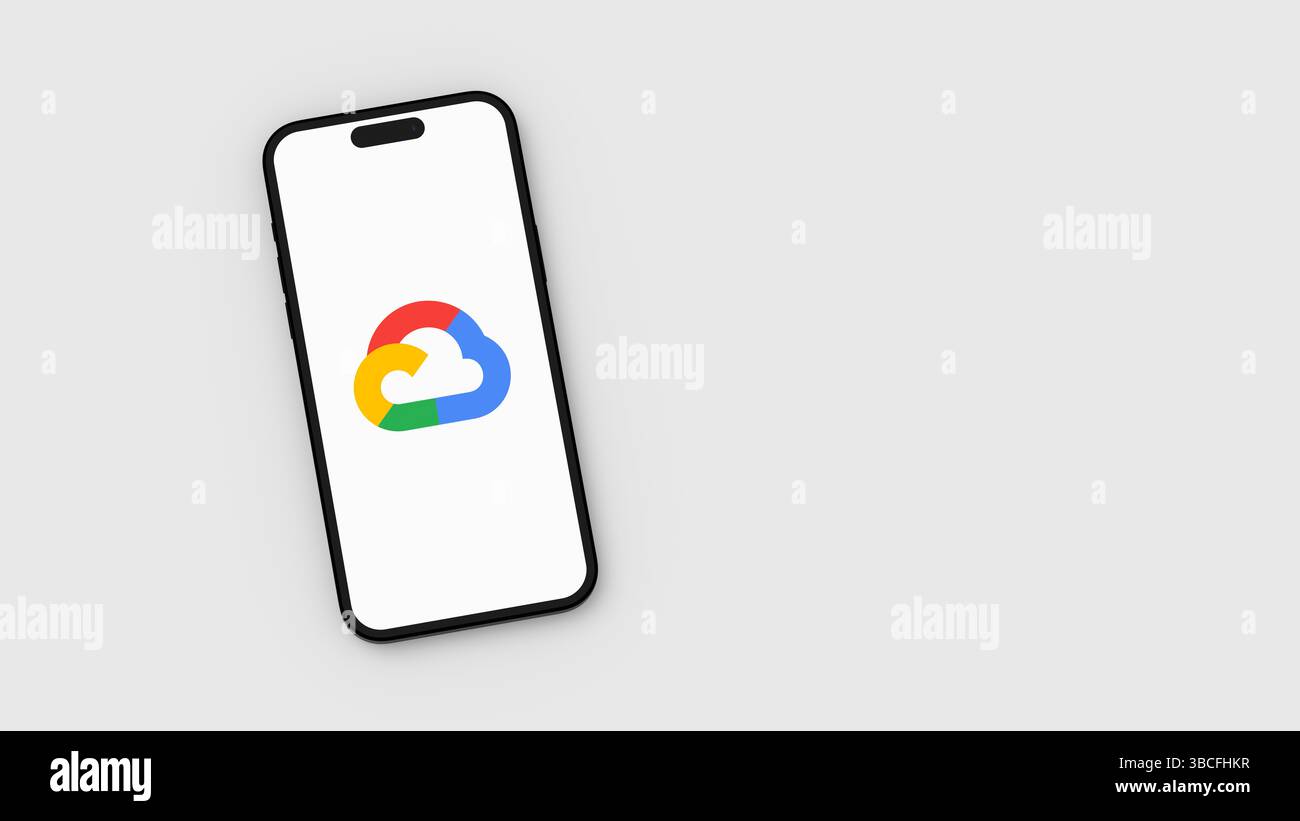Google Cloud Logo on Mobile Phone Screen on Gray Background with Copy ...