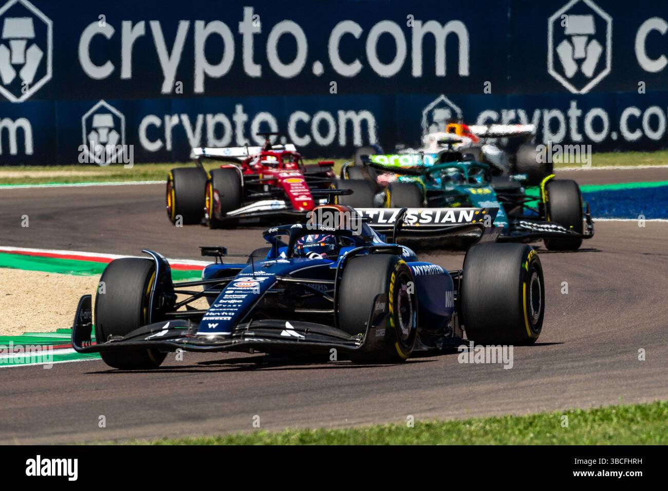 Imola, Italy - 18 May 2025, #23 Alex Albon (THAI, Williams), #14 Fernando Alonso (SPA, Aston ...