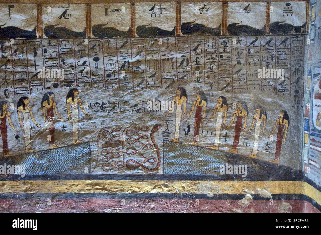 Wall painting, sun barque, burial chamber of Ramses I, tomb number KV ...