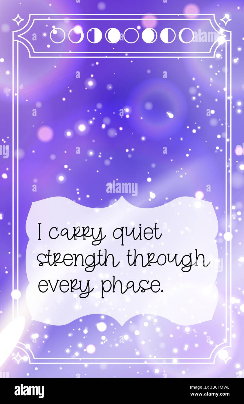 Vector card with cosmic purple sky and moon phases, featuring the quote ...