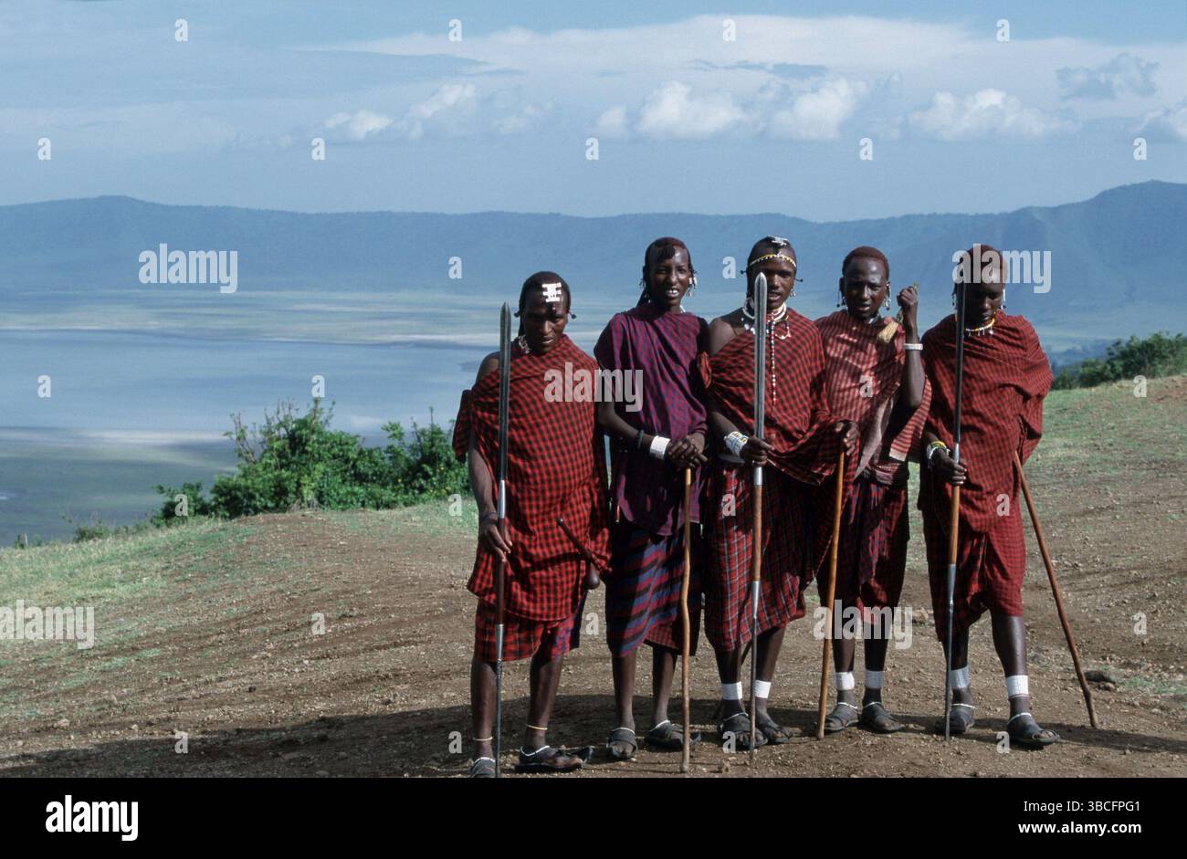 Masai tribesmen at the crater rim, Ngorongoro Conservation Era ...