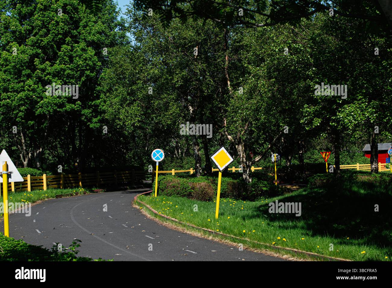 A curved path with trees, grass, and traffic signs under bright ...