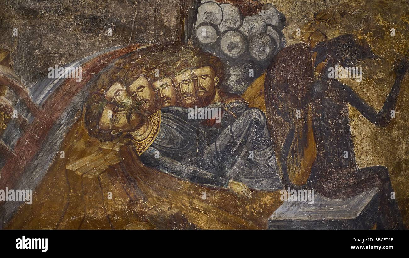 A fresco shows three crowned heads in a reclining pose next to a ...