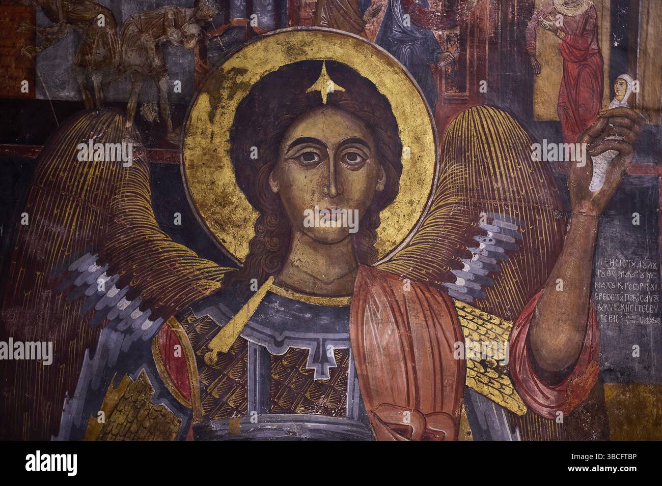 Fresco of an angel with golden halo and wings in Orthodox style, Easter ...