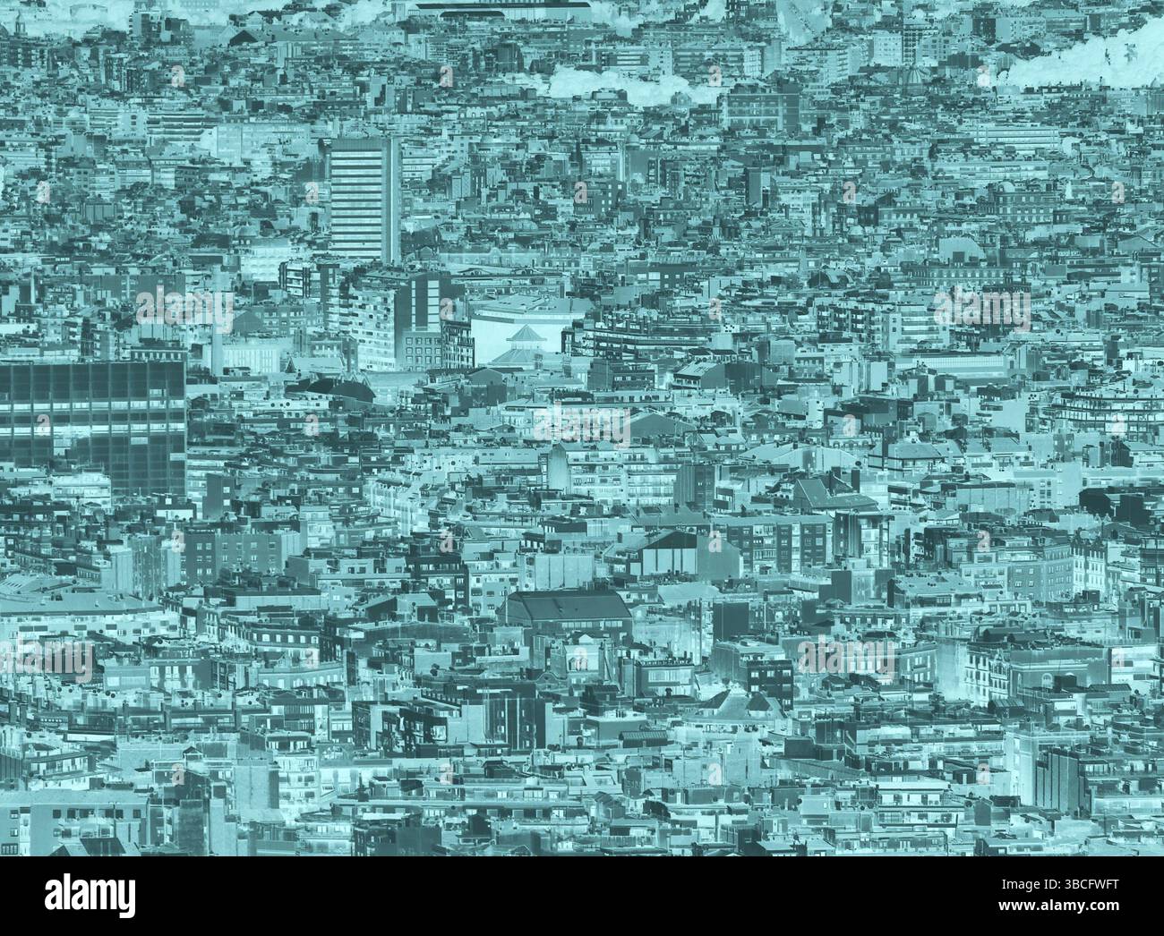 A blue duotone crowded urban cityscape background with hundreds of ...