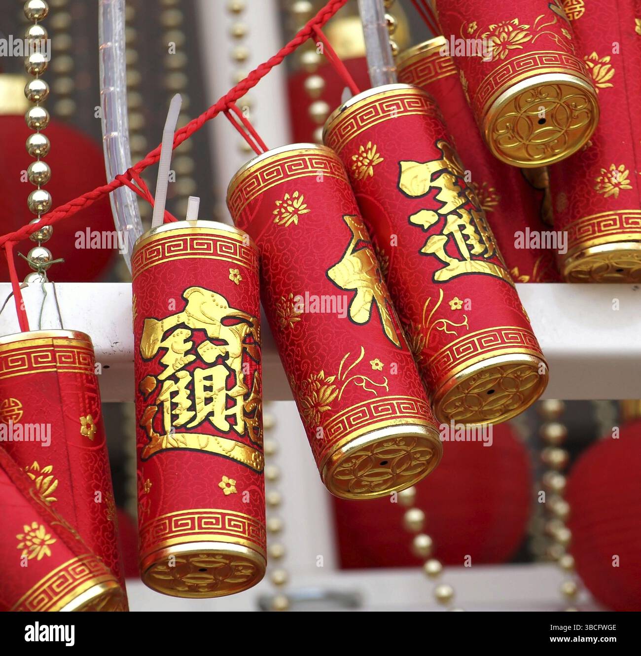 Chinese New Year decorations with lucky symbols and Chinese characters ...