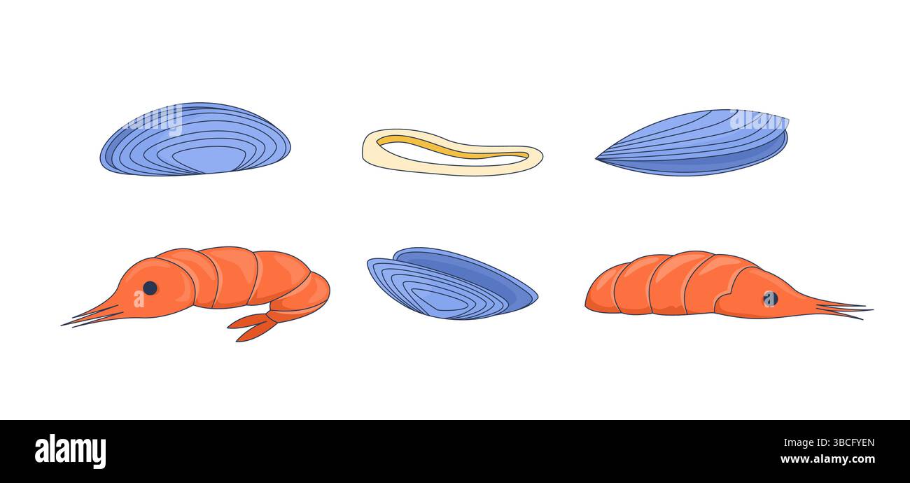 Assorted shellfish and shrimps 2D cartoon objects set Stock Vector ...