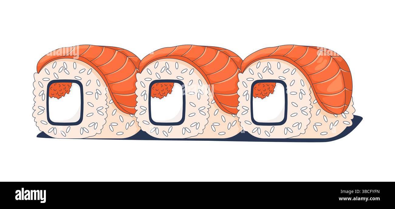 Three salmon sushi rolls filled with roe 2D cartoon object Stock Vector ...