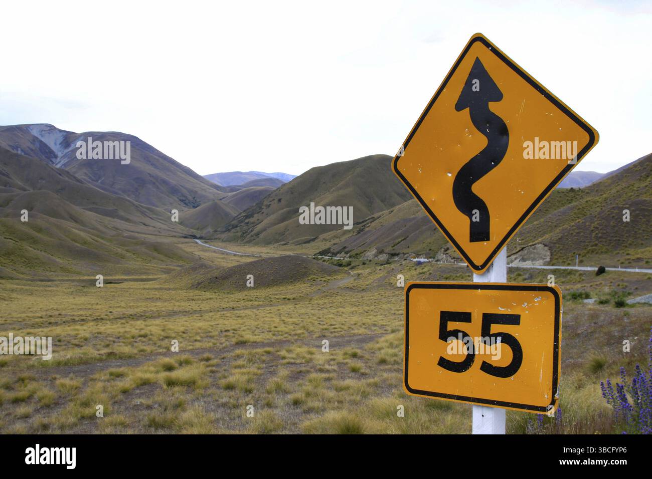 Traffic sign in New Zealand indicating a road with bends Stock Photo ...