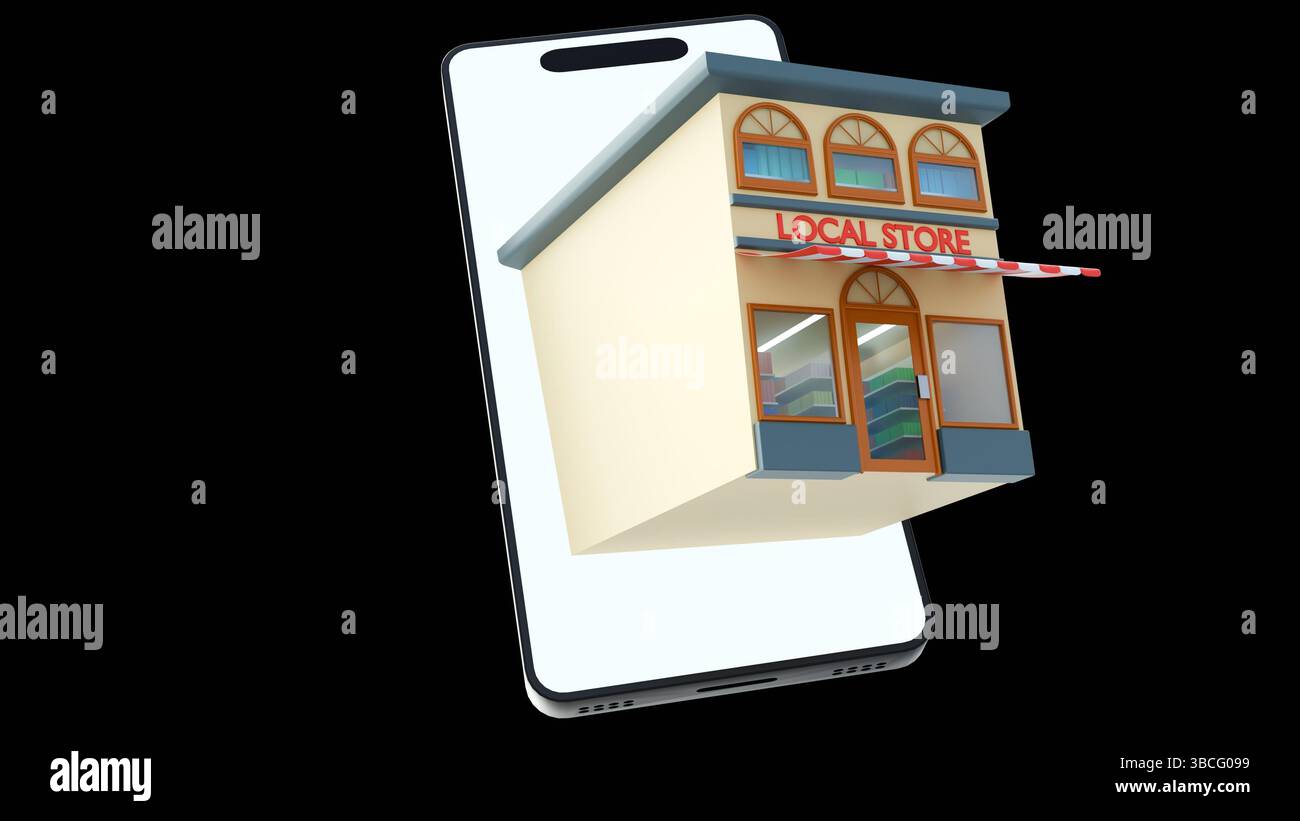 A 3d rendering of a stylized "Local Store" building emerging from the ...