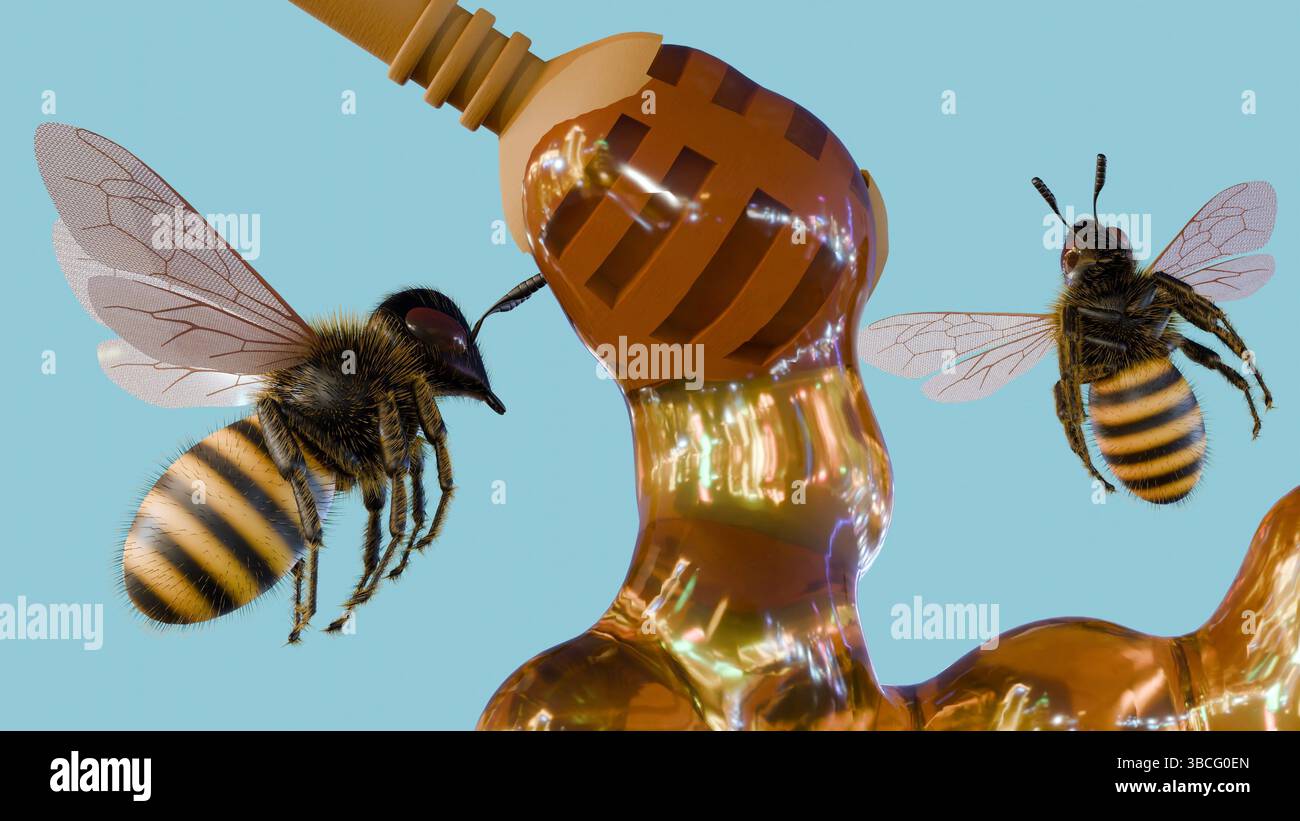 A 3D rendering depicting a honey dipper with a drip of honey and a ...