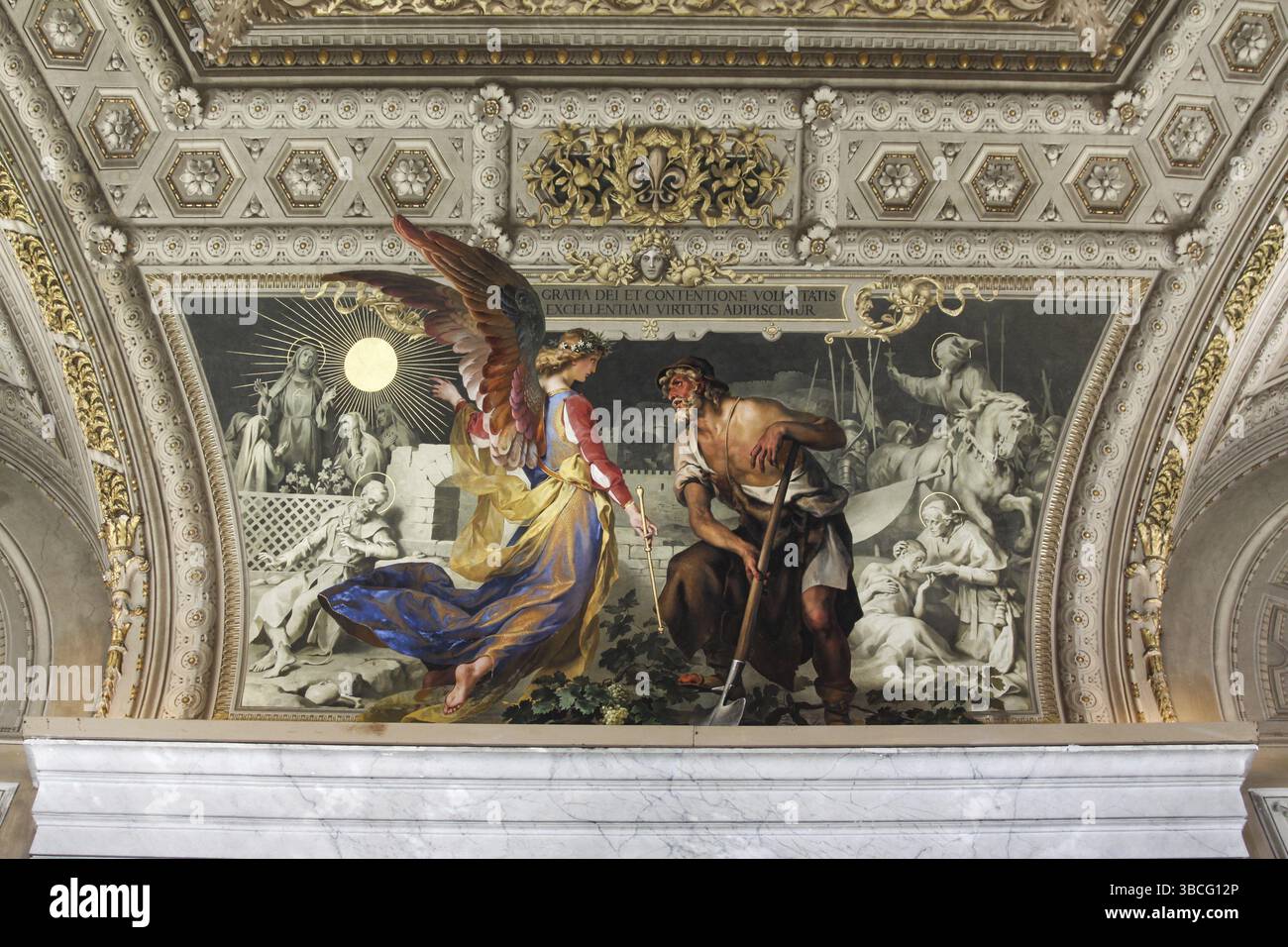 Ceiling painting shows angel with wings showing the sun to a bear Stock ...