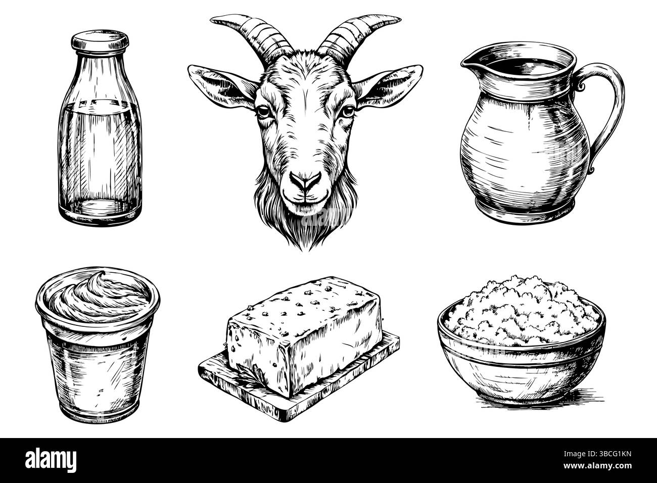 Set of hand drawn dairy products and farm animals in vintage style ...