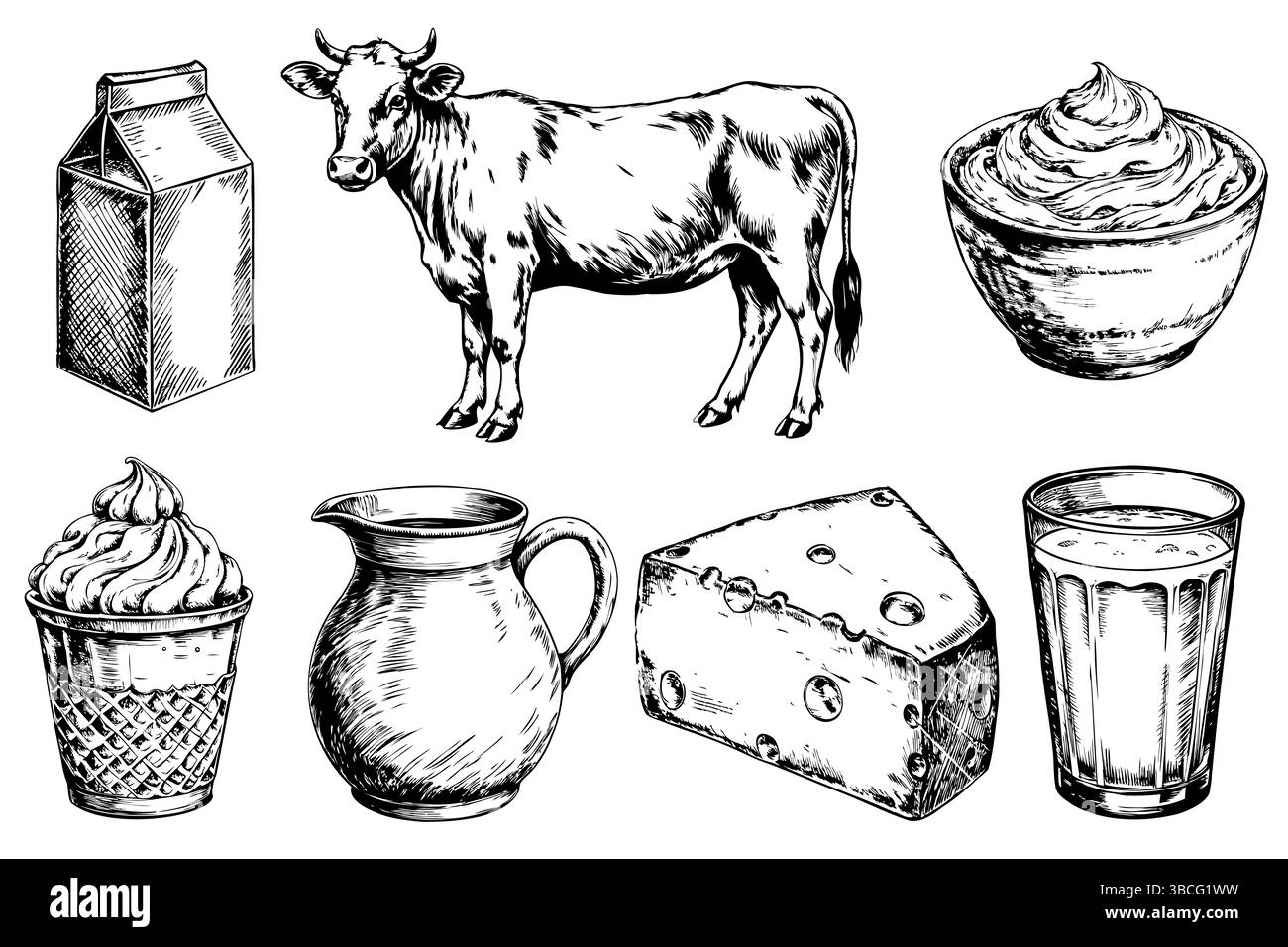 Set of hand drawn dairy products and farm animals in vintage style ...