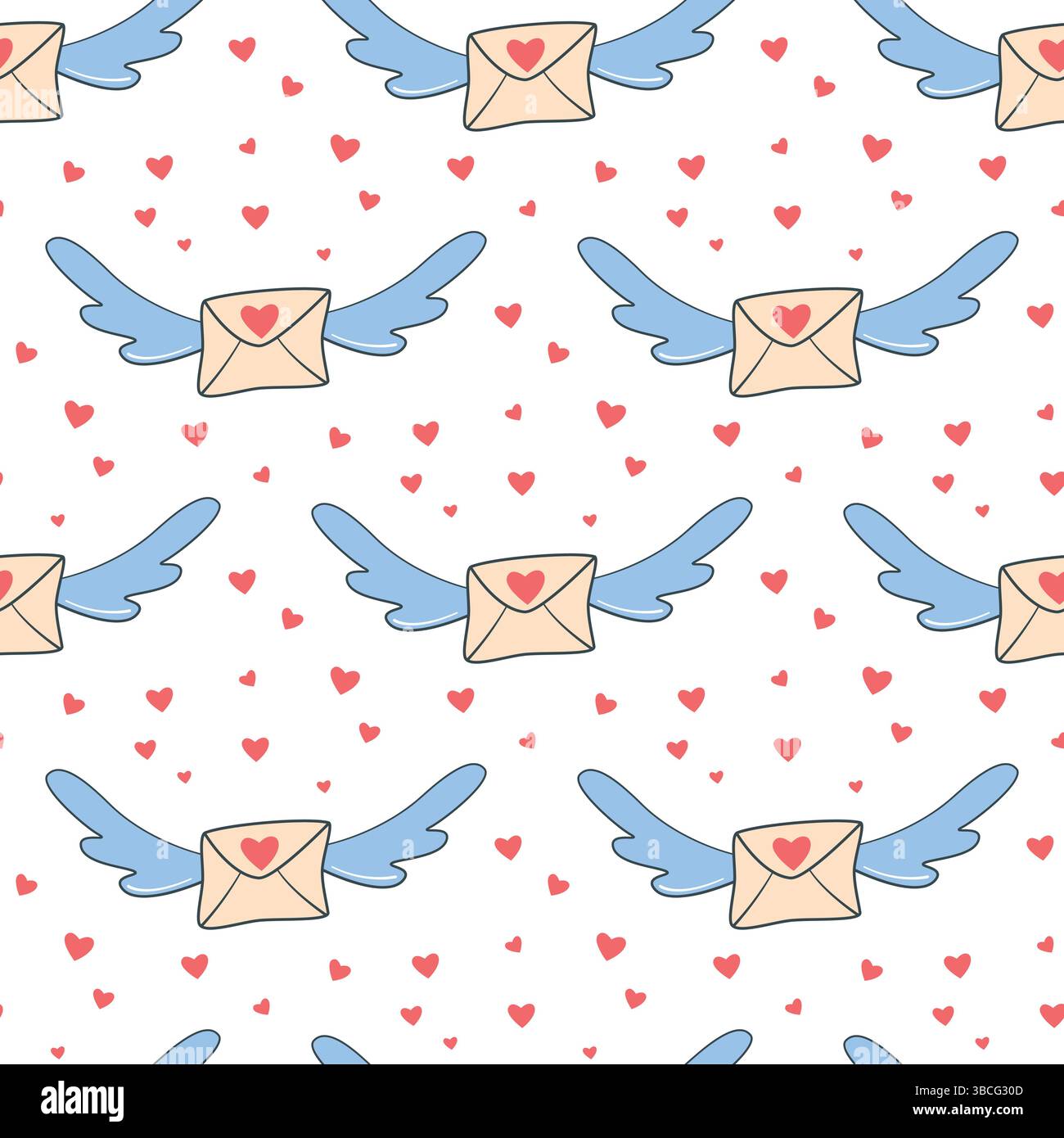 Flying letter on wings surrounded by seamless pattern of hearts. Love ...