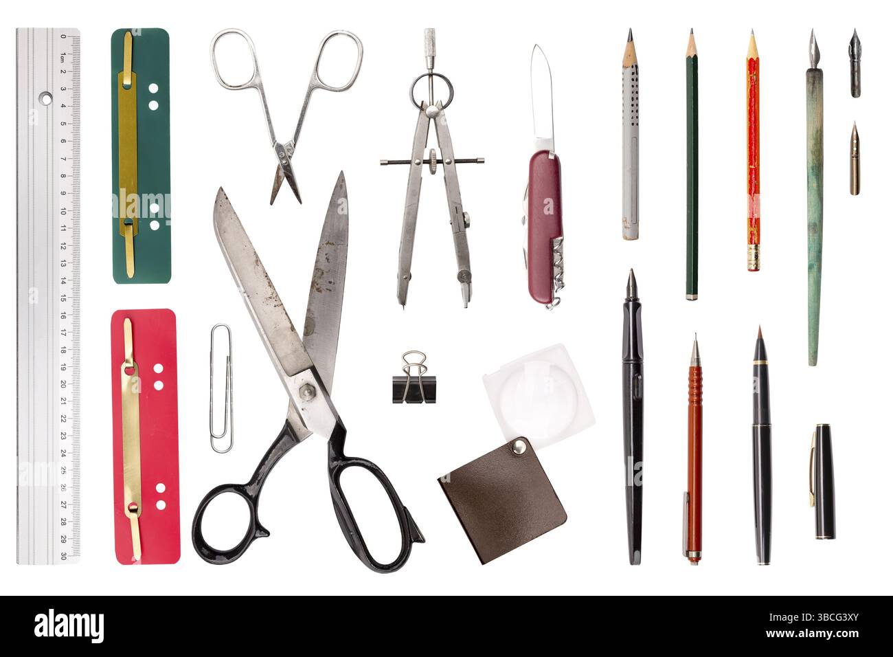 Collection of old used office, drawing tools, isolated on white Stock ...