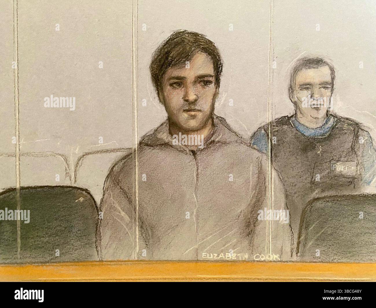 Court artist drawing by Elizabeth Cook of Romanian national Stanislav ...