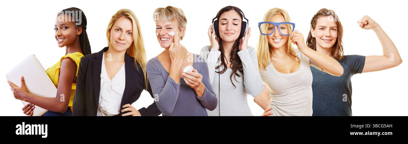 Adult women at work and in their free time performing various gestures ...