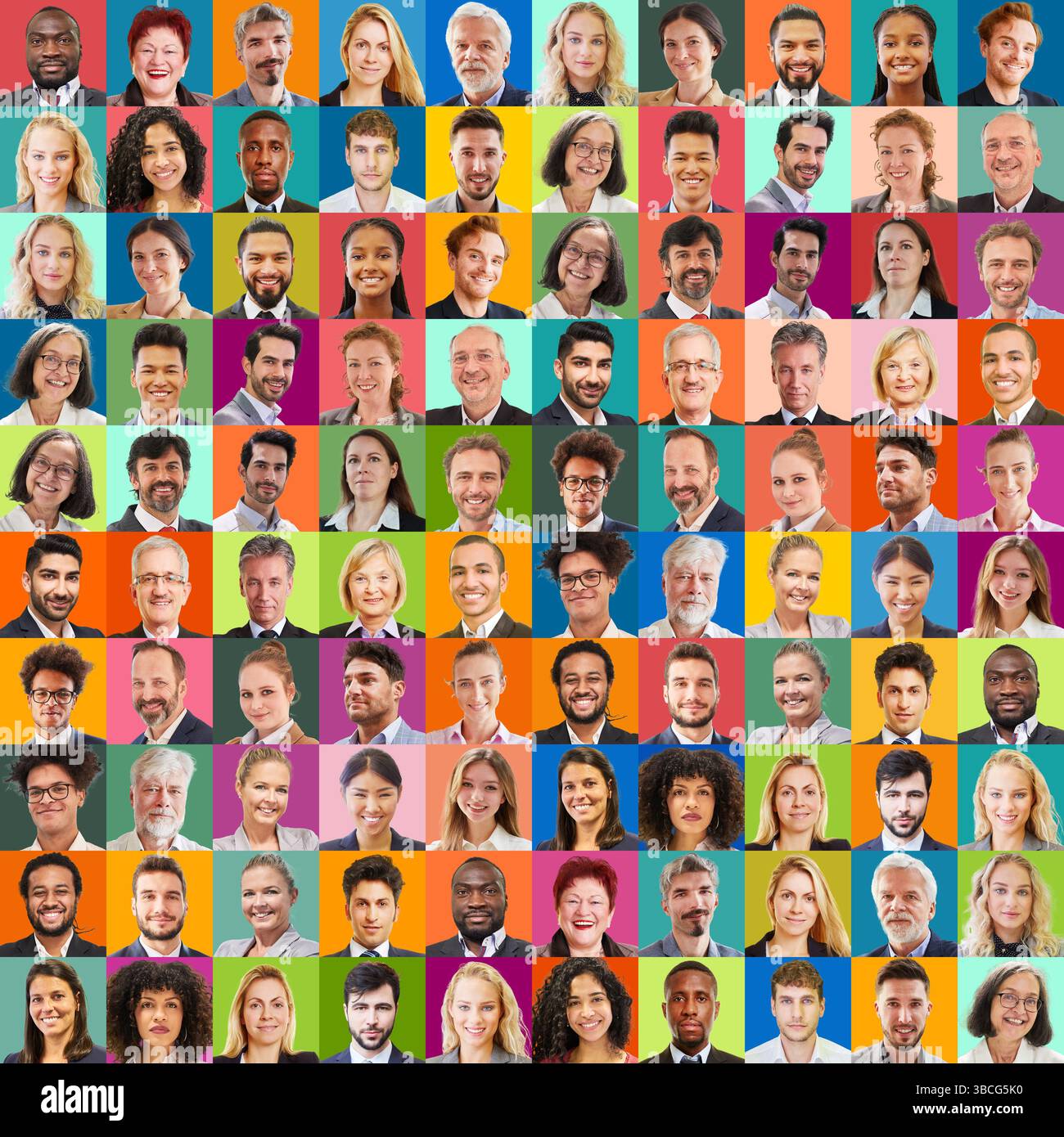 Portraits of business people of many generations on colorful, single ...
