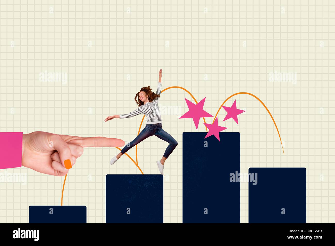 Art pop collage of person stand column charts with stars finger point ...