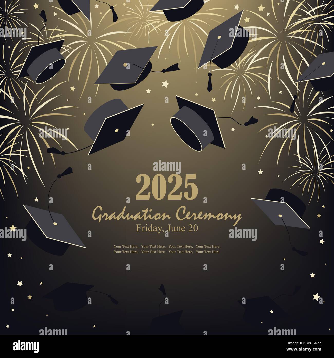 Graduation Ceremony banner template with graduate hats, firework ...