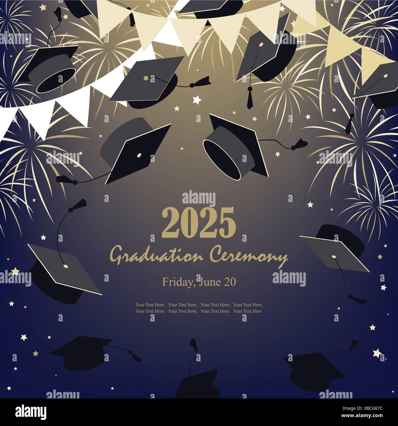 Graduation Ceremony banner template with graduate hats, firework ...