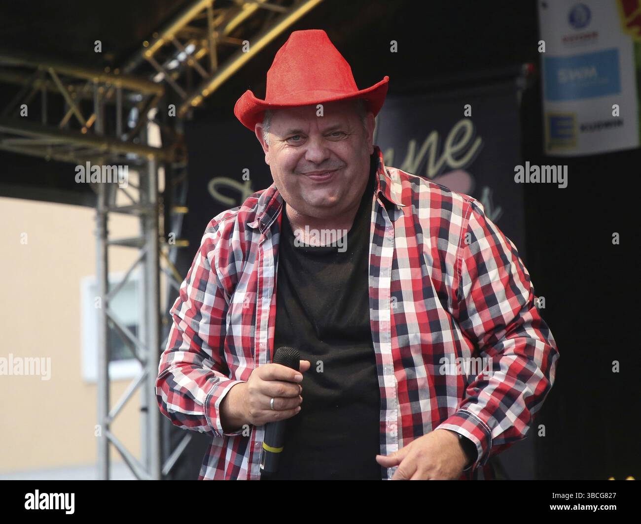 German party pop singer Markus Becker performing at the Easter fire in ...