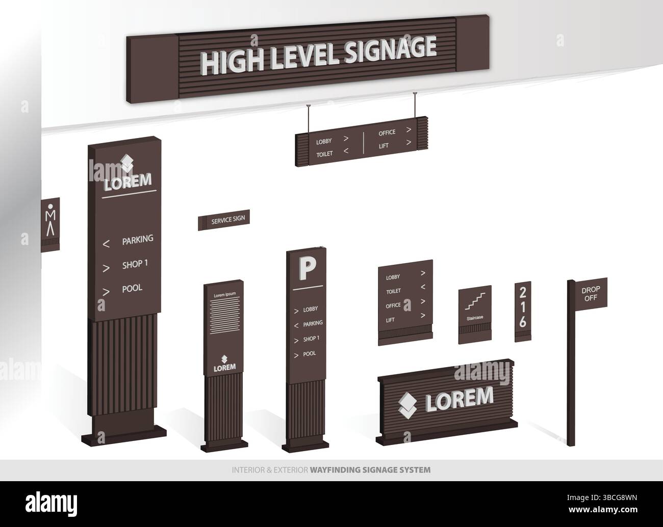 Wayfinding system 3D signage mockup set Direction signs Exterior and interior way finding design ...