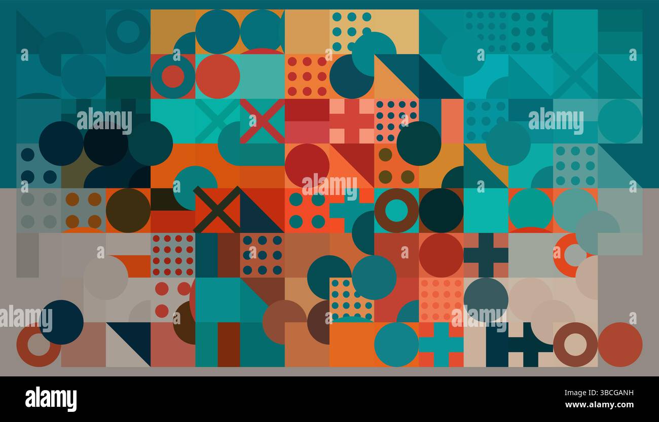 Abstract geometric background with overlapping shapes: circles, squares ...