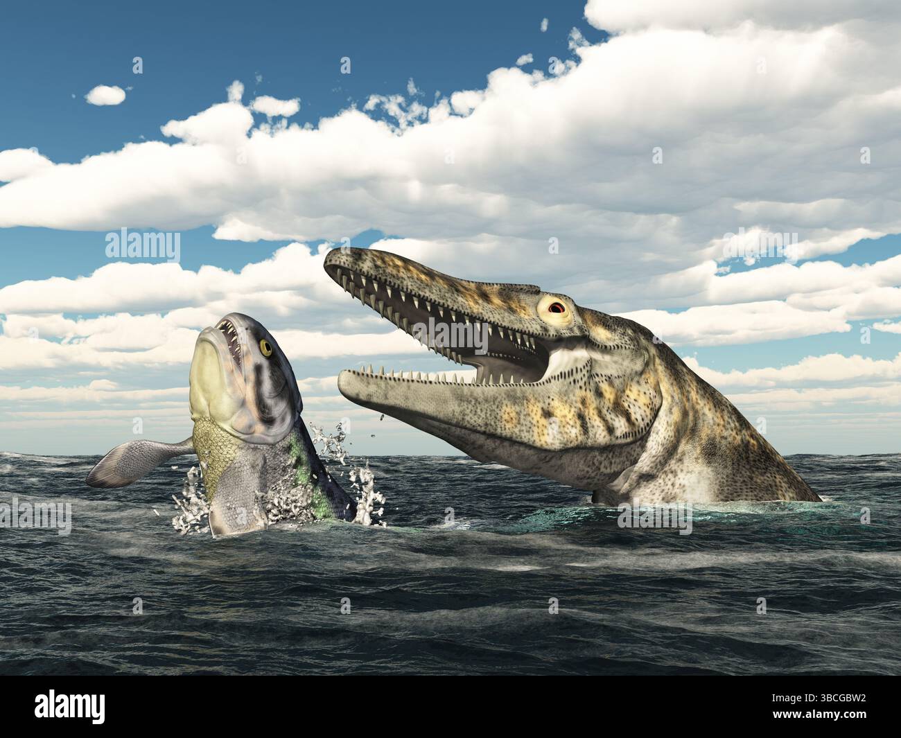 Mosasaur Tylosaurus hunts the fish Rhizodus in the open sea Stock Photo ...