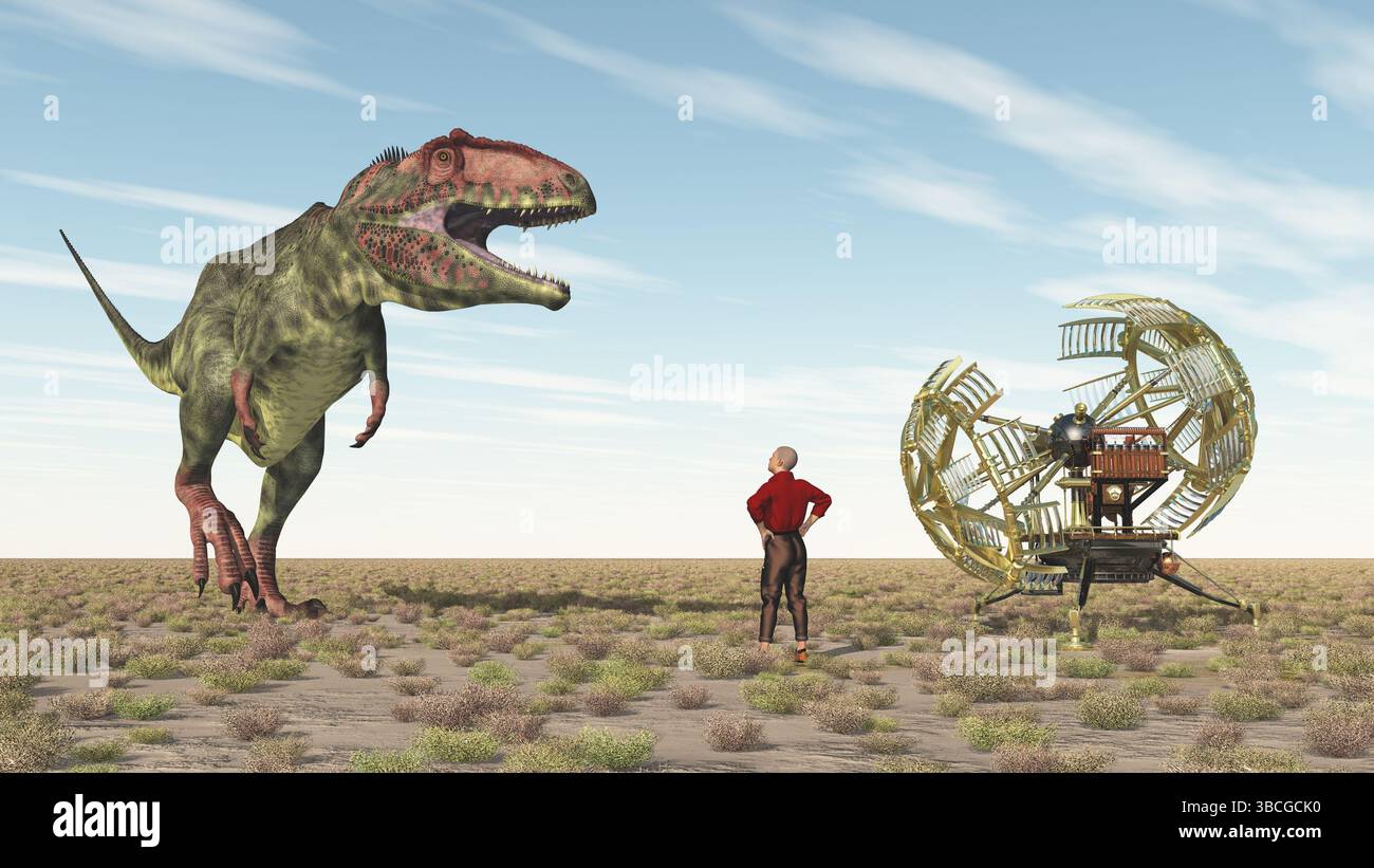 Time traveler, time machine and the dinosaur Giganotosaurus Stock Photo ...