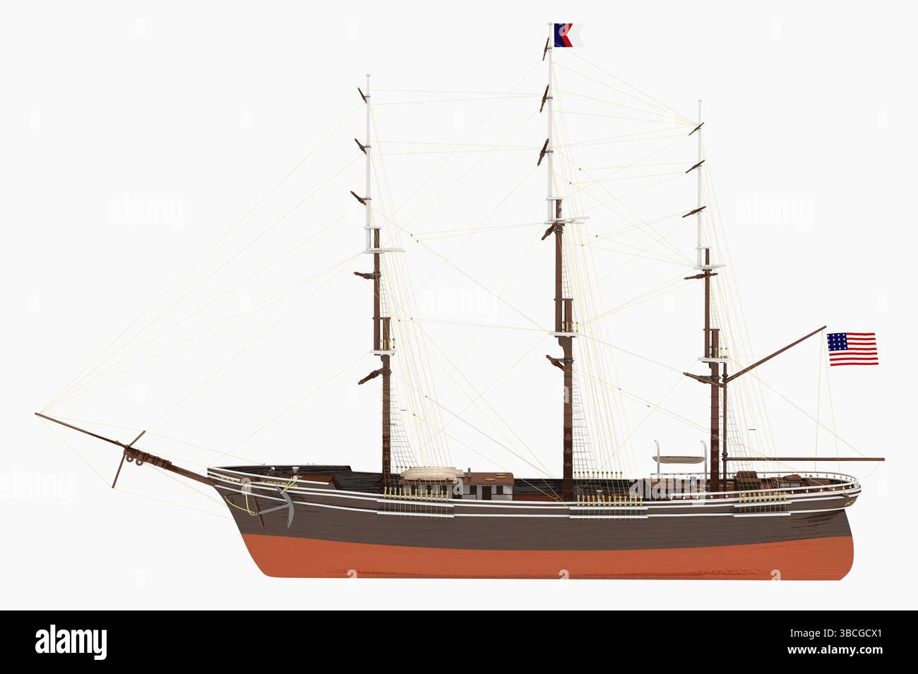 Flying cloud clipper ship from the 1850s isolated on white background ...