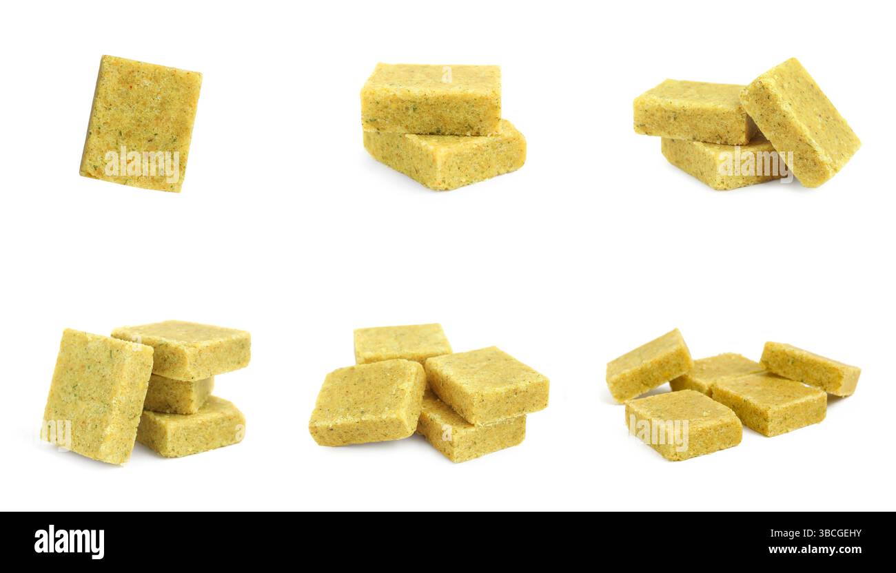 Golden bouillon cubes on white background, collage Stock Photo - Alamy