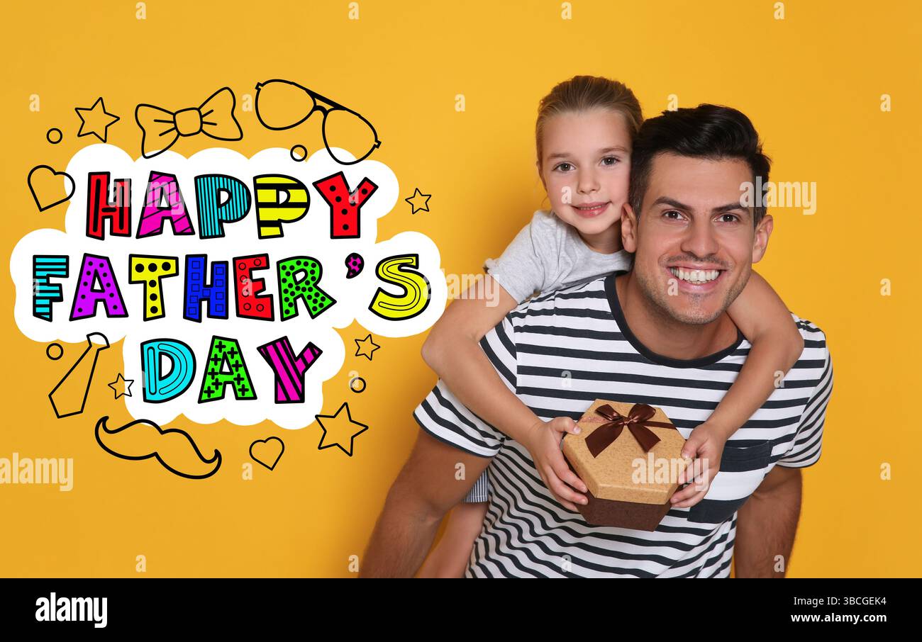 Happy Father's Day. Dad receiving gift from his daughter on orange ...