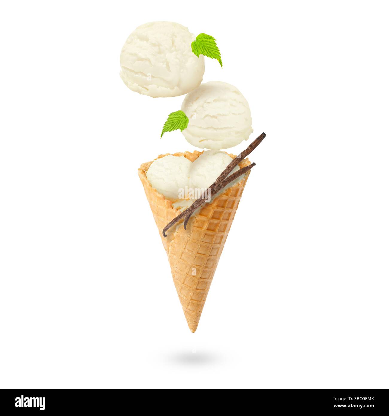 Yummy vanilla ice cream cone and pods in air on white background Stock ...