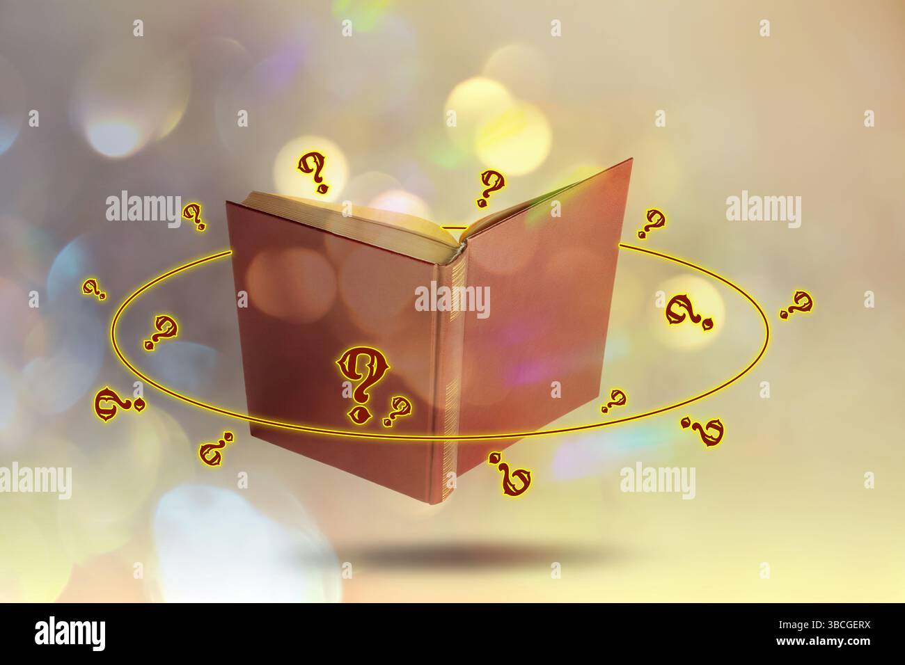 Question marks and magic lights around open book in air against color ...