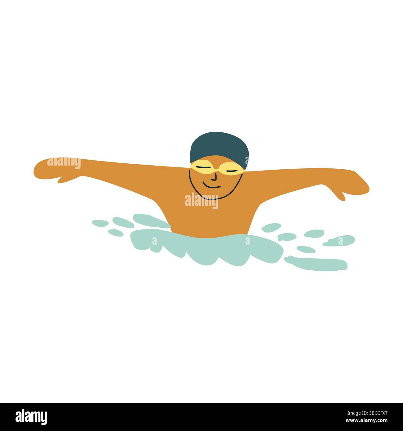 Cartoon illustration of male swimmer in action with goggles and swim ...