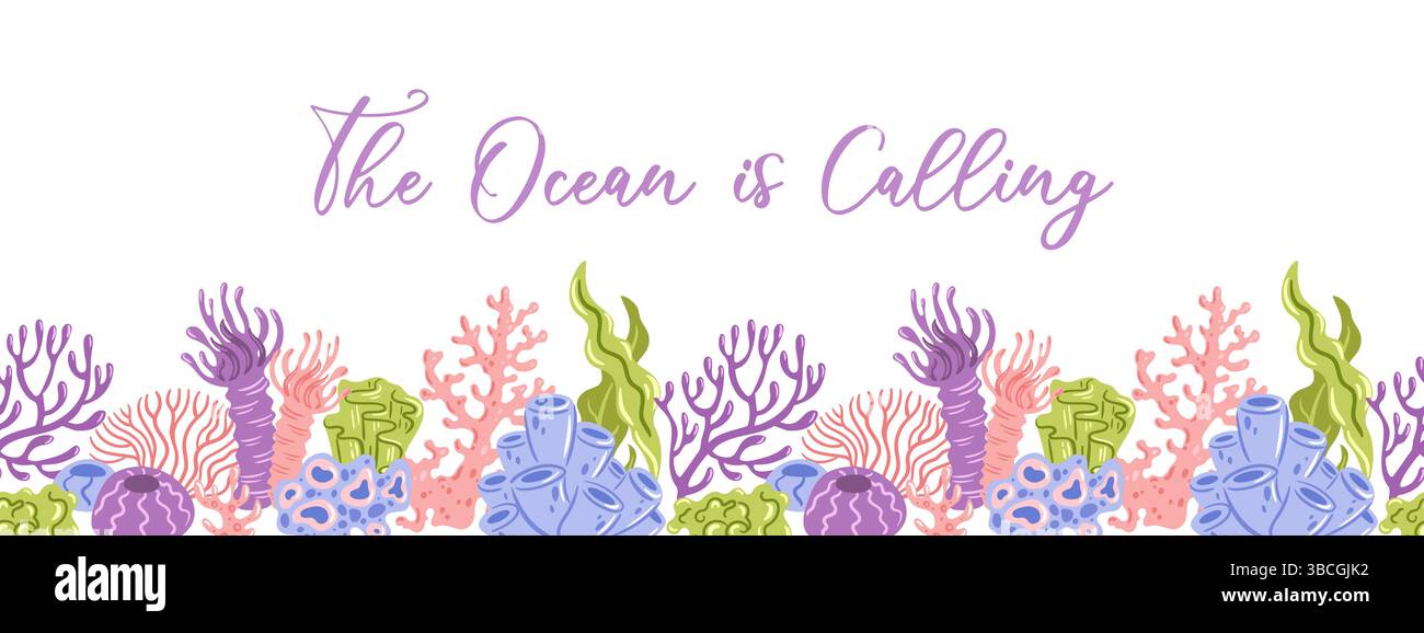 A white background with the phrase The Ocean is Calling in purple ...