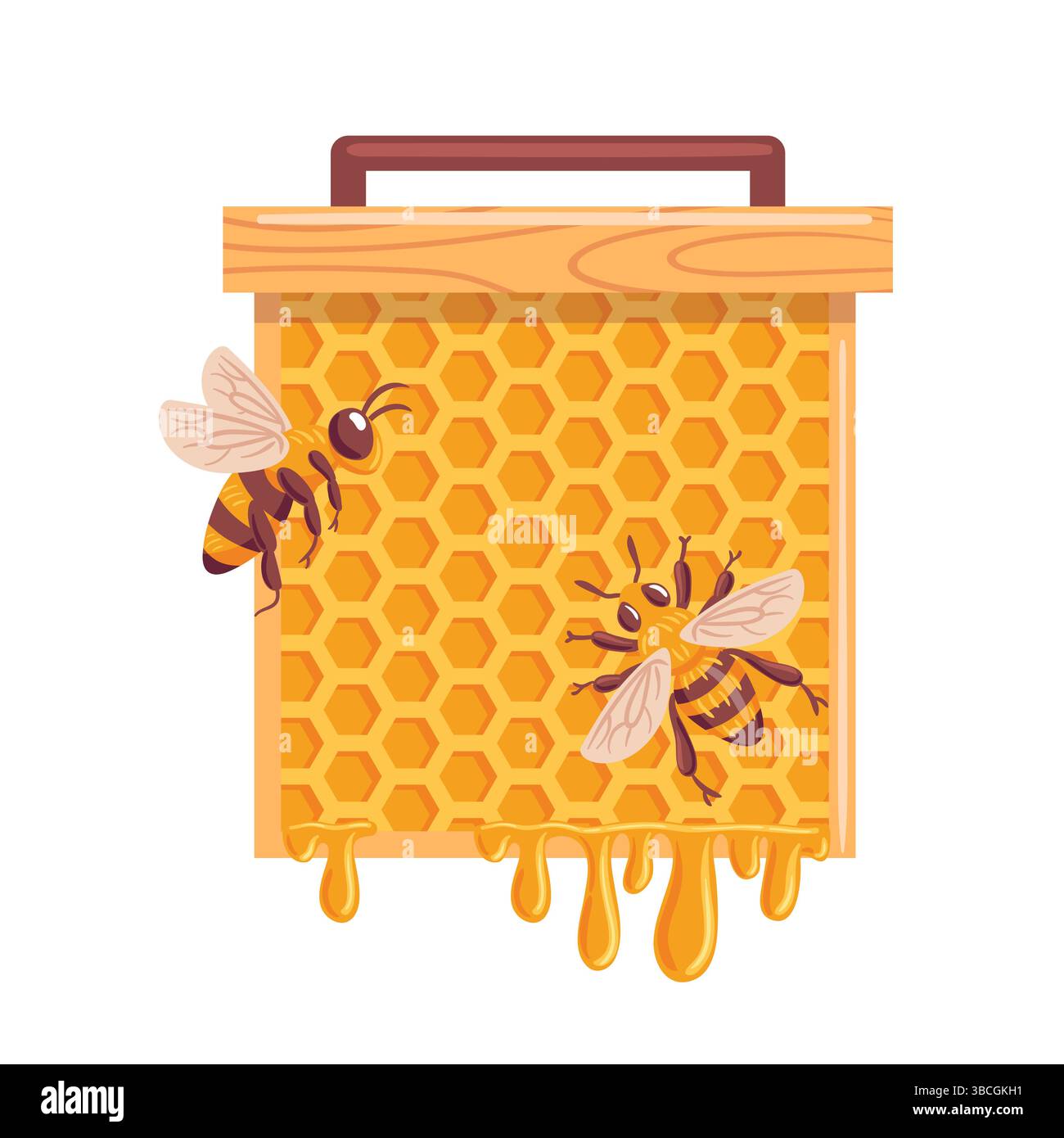 A vibrant vector illustration featuring bees buzzing around honeycombs ...
