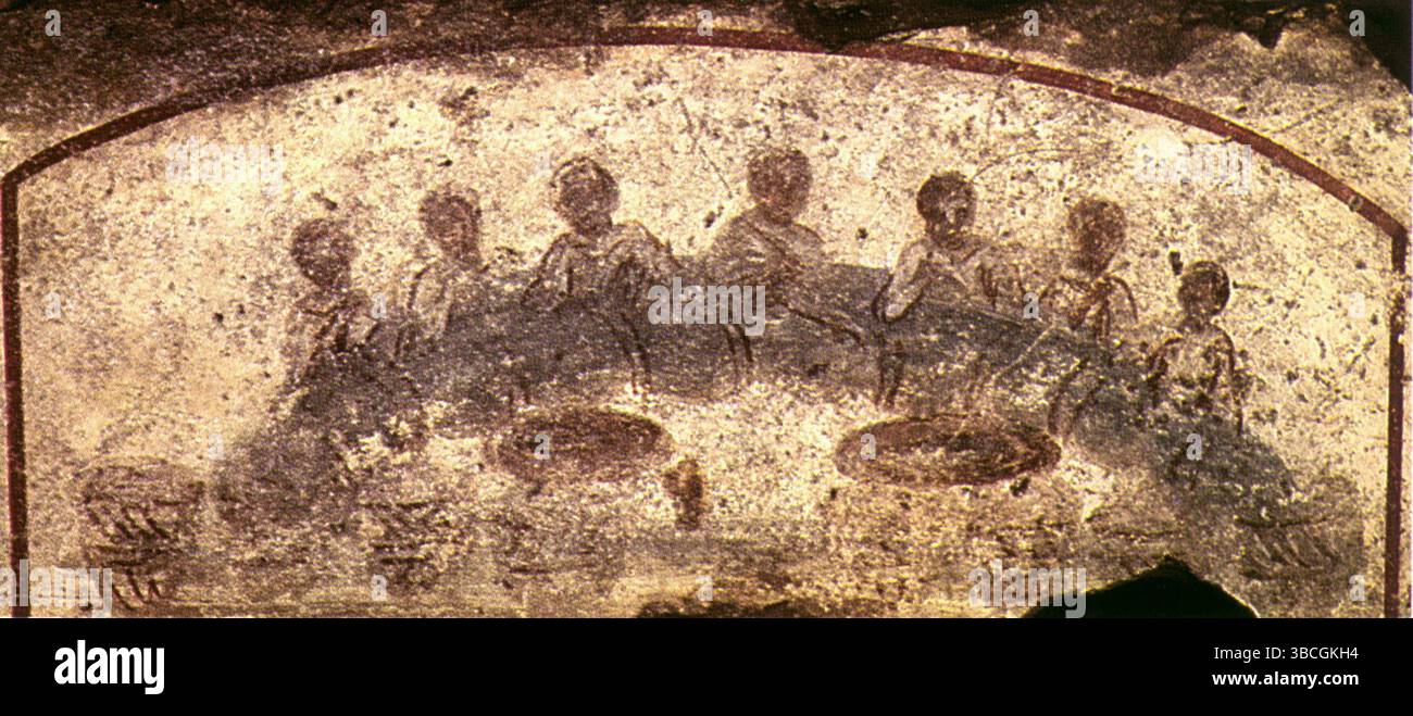Painting of a feast / Early Christian catacomb of San Callisto (Saint ...