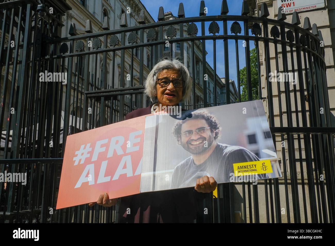 London, UK. 20th May, 2025. Laila Soueif speaks to press outside ...