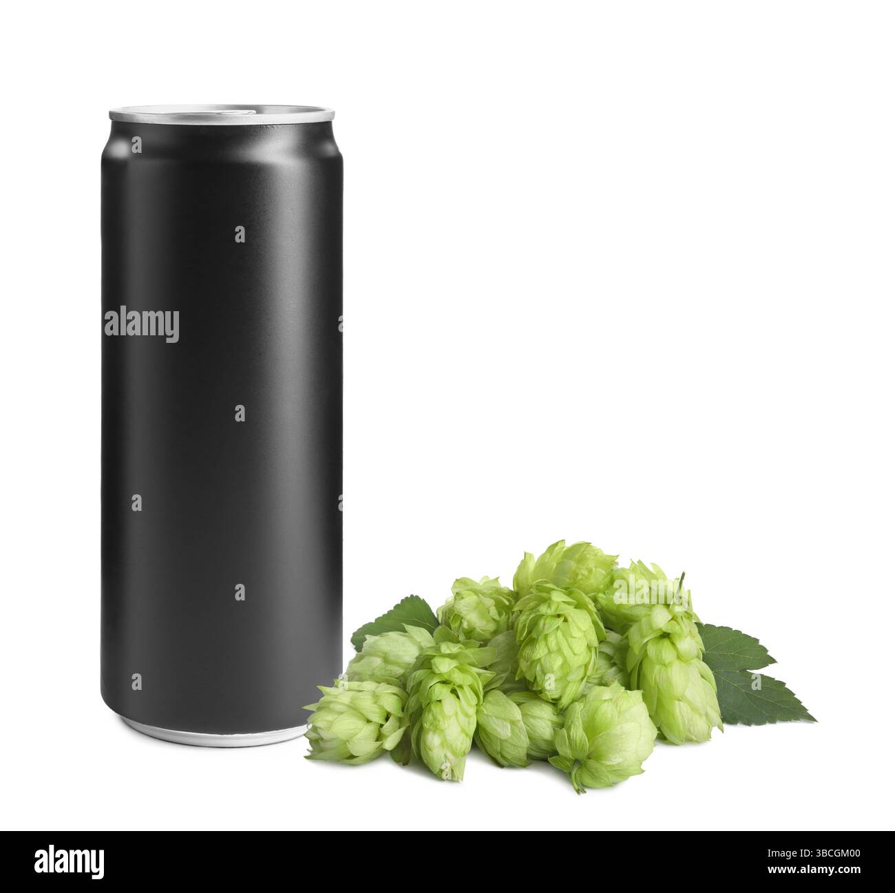 Fresh beer in can and hop flowers on white background Stock Photo - Alamy