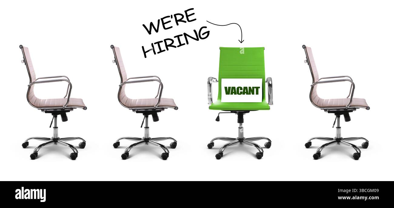 We Are Hiring. Green office chair with Vacant sign among empty ones on ...