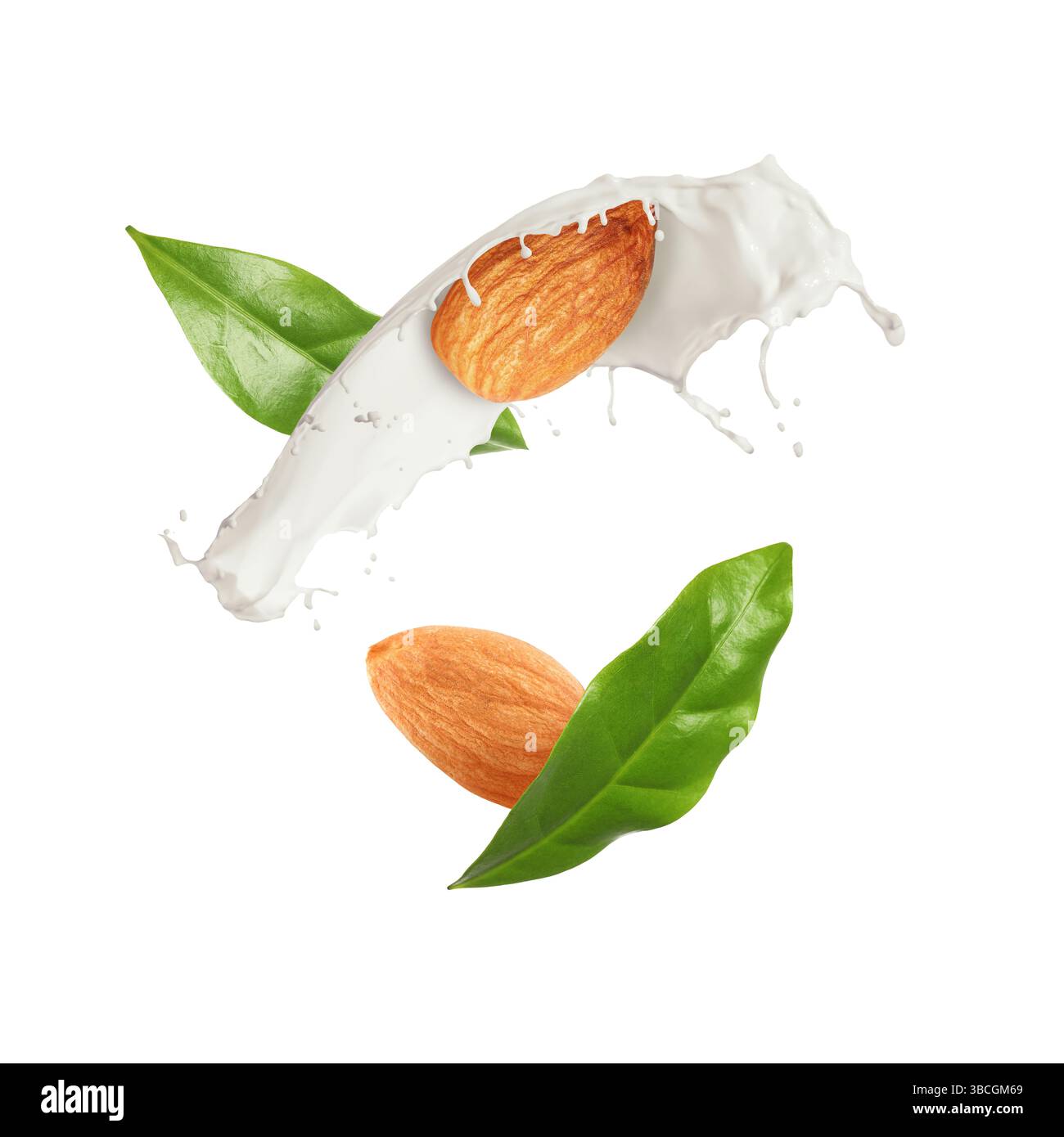 Nut milk splash, almonds and green leaves in air on white background ...
